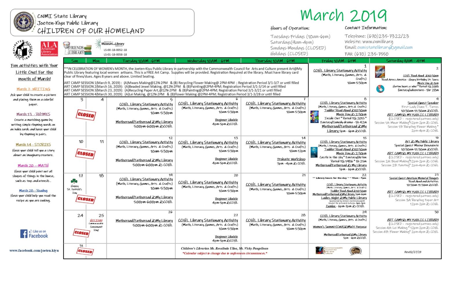 2019 March Calendars – Joeten Kiyu Public Library
