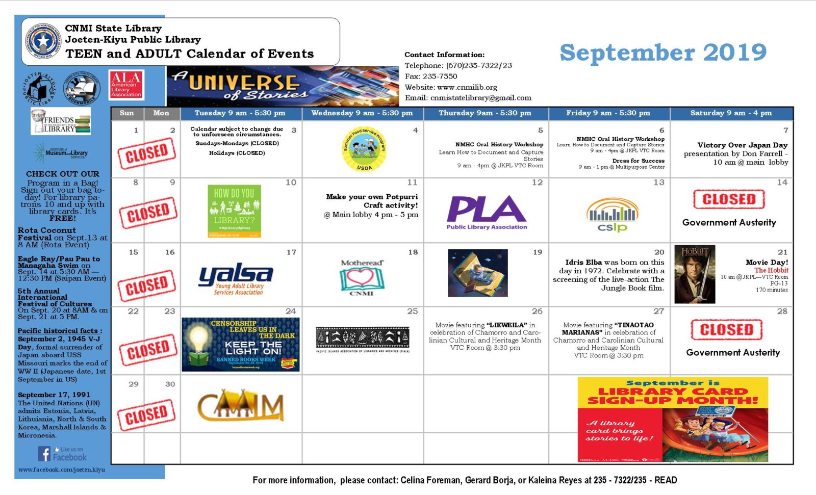2019 SEPTEMBER CALENDARS – Joeten Kiyu Public Library