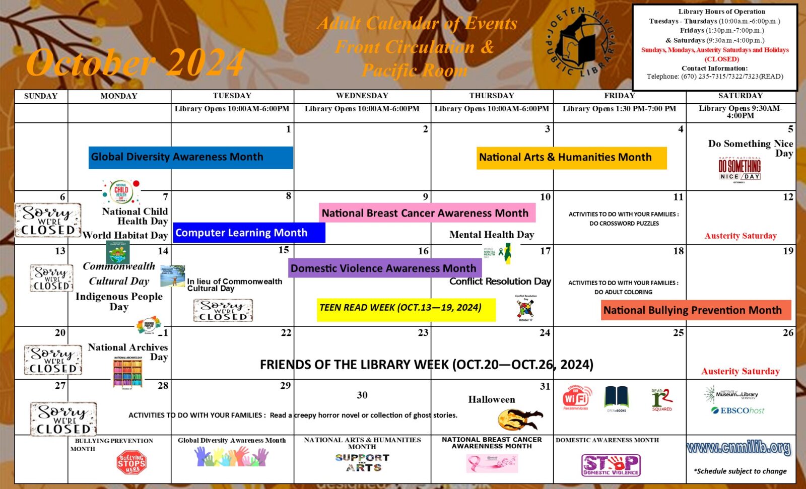 October 2024 Calendar of Events – Joeten Kiyu Public Library